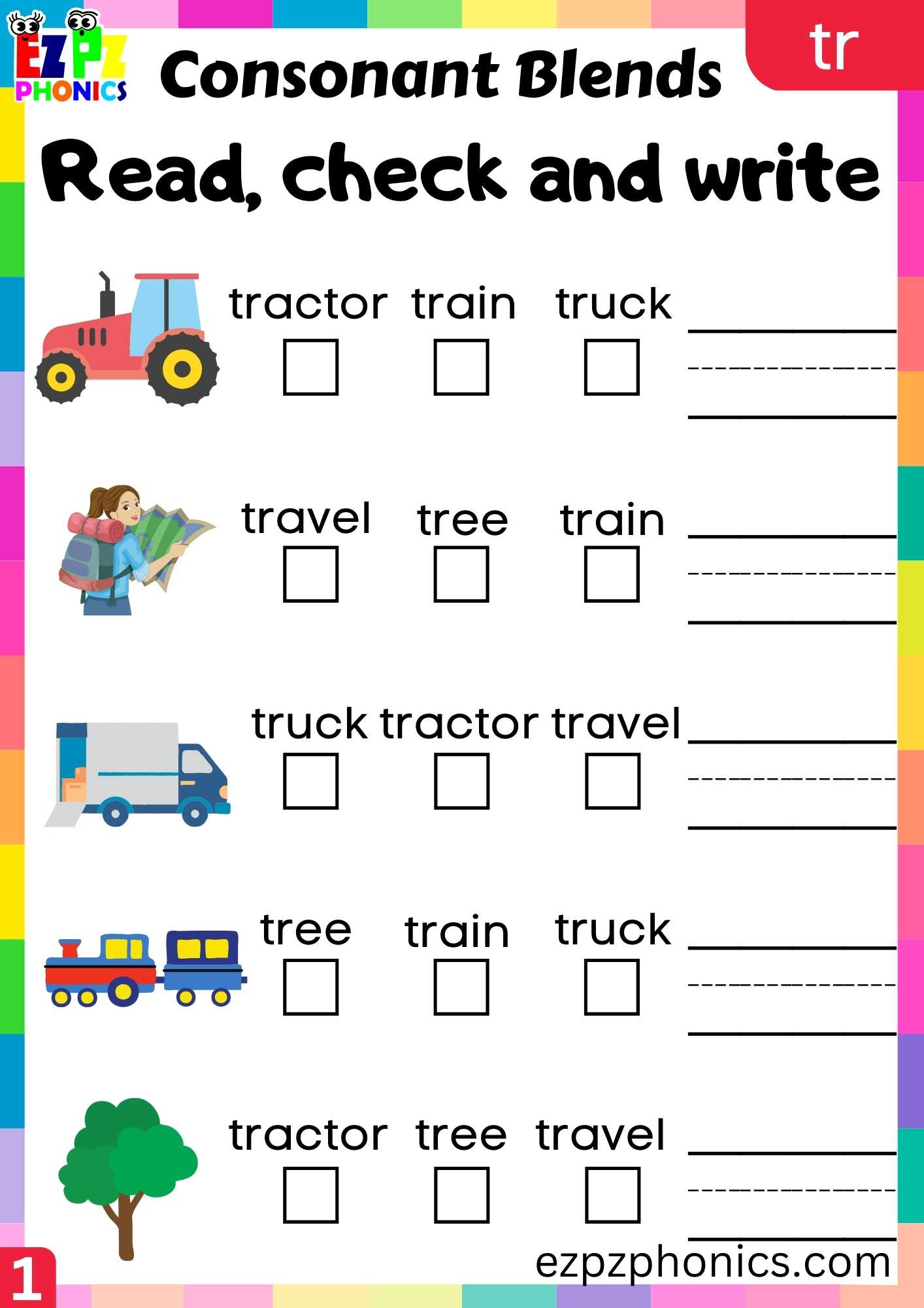 Group1 TR Words Read, Check And Write Phonics Consonant Blends Worksheet - ezpzphonics.com